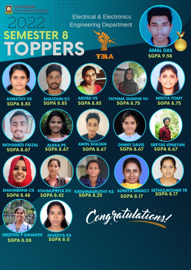 EEE Semester 8 Toppers 2022 - Universal Engineering College